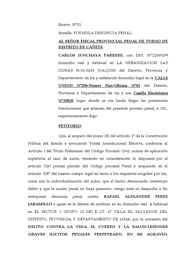 Formula Denuncia Penal-1 | PDF | Derecho penal | Debido al proceso