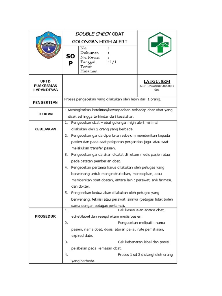 Prosedur Double Check Obat High Alert | PDF