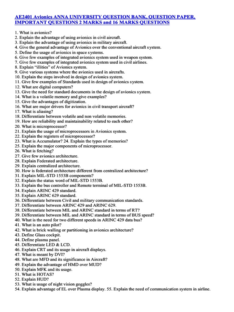 Ae2401 Avionics Anna University Question Bank, Question Paper, Important Questions 2 Marks and ...