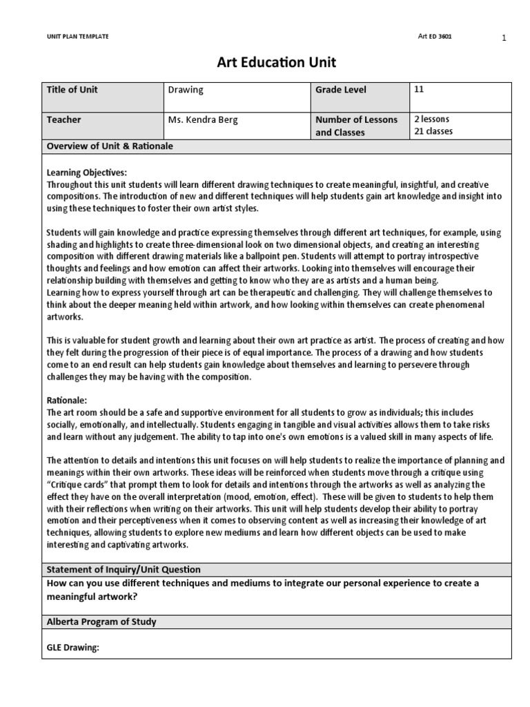 Unit Plan - Art 20 - Drawing | PDF | Drawing | Emotions