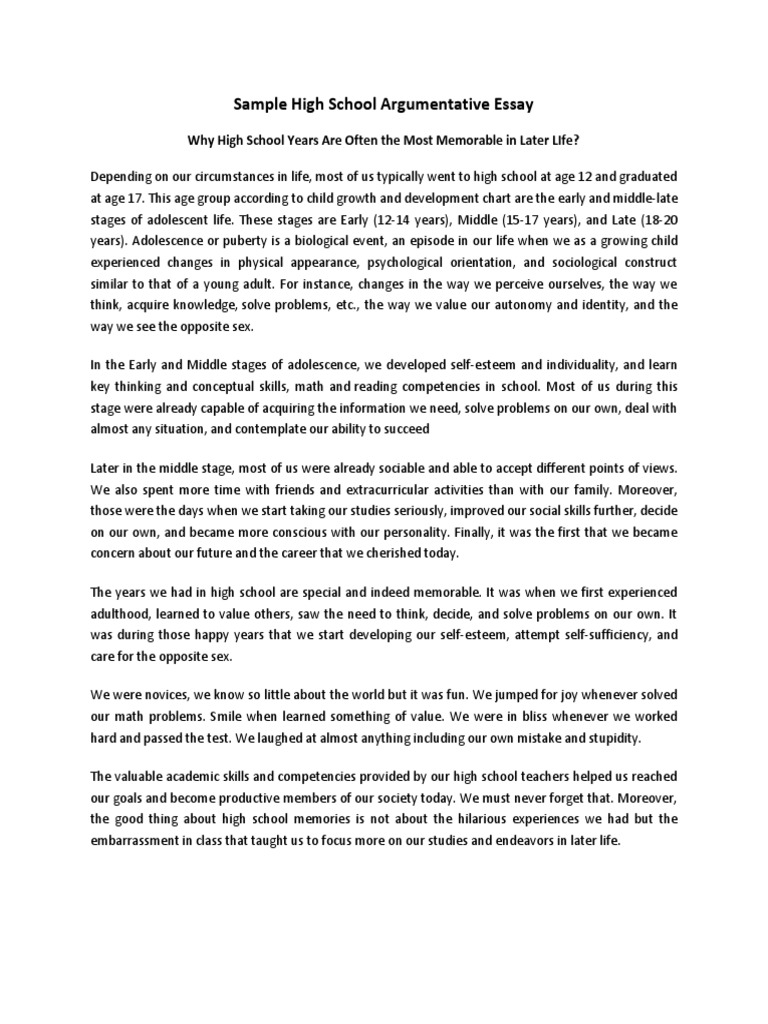 Sample High School Argumentative Essay | PDF | Adolescence | Self Esteem