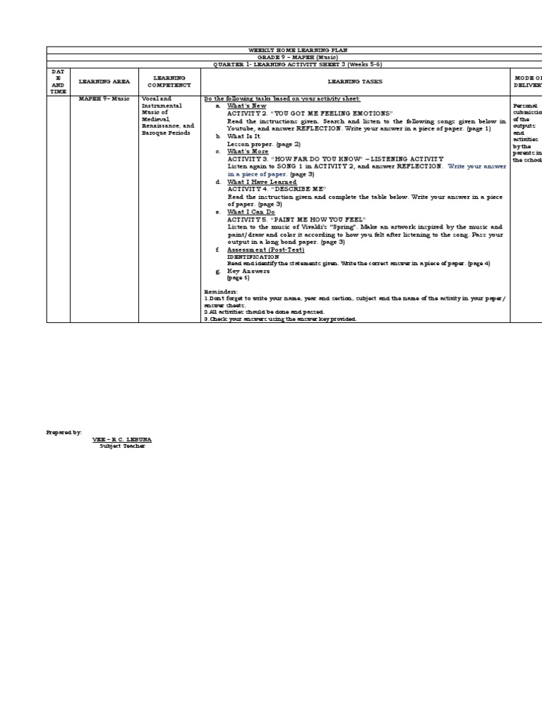 WHLP-Mapeh Weeks 5-6 MUSIC | PDF | Pedagogy | Education Theory