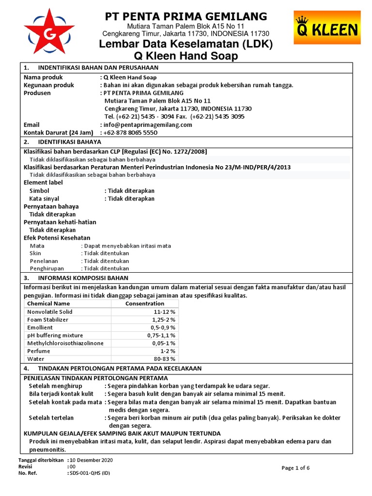 SDS Q Kleen Hand Soap (ID) | PDF