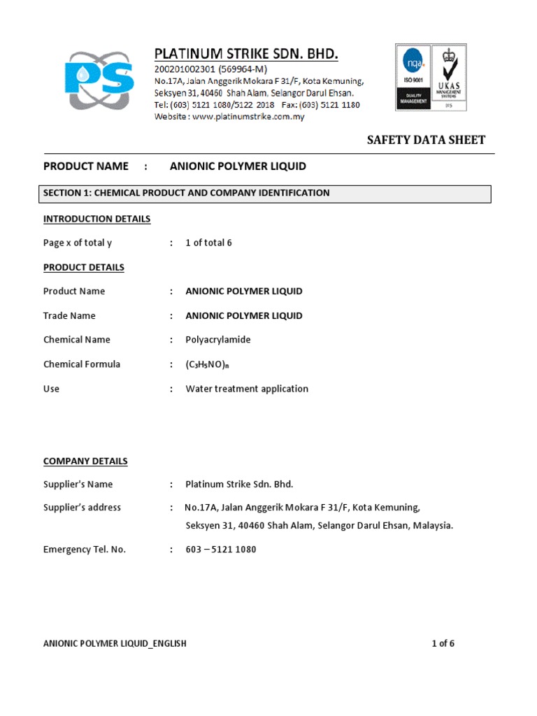 Sds - Anionic Polymer Liquid (E) | PDF | Occupational Safety And Health ...