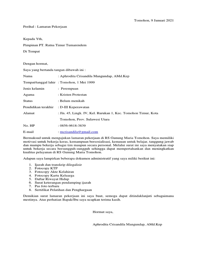 Surat Lamaran Kerja Perawat Rs Gunung Maria Tomohon | PDF ...