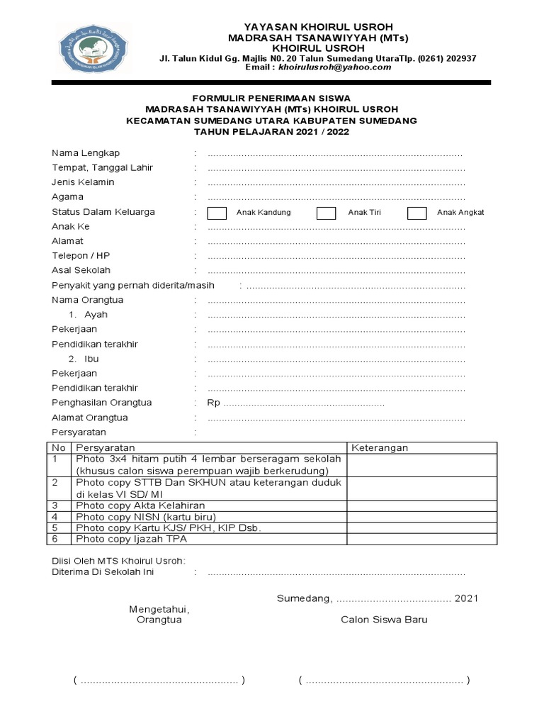 Formulir PPDB Mts 2021-2022 | PDF