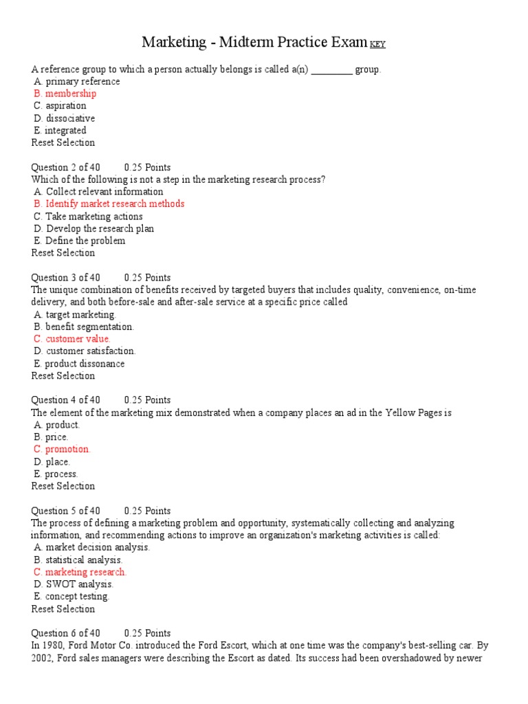 Marketing - Midterm Practice Exam: B. Membership | PDF | Marketing ...