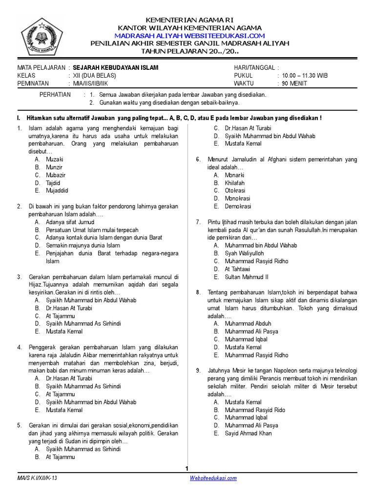 Soal PAS SKI Kelas XII K13 | PDF
