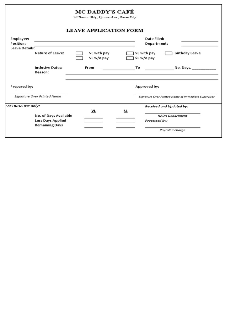 MC Daddy'S Café: Leave Application Form | PDF