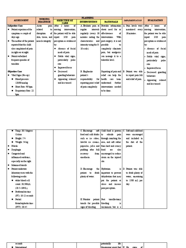Assessment Nursing Diagnosis Planning Evaluation Objective of Care Intervention Rationale ...