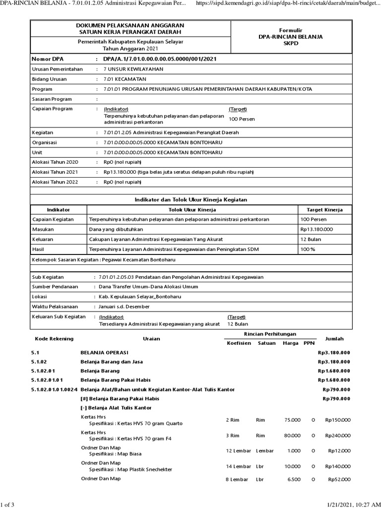 Dokumen Pelaksanaan Anggaran Satuan Kerja Perangkat Daerah Formulir Dpa-Rincian Belanja SKPD ...