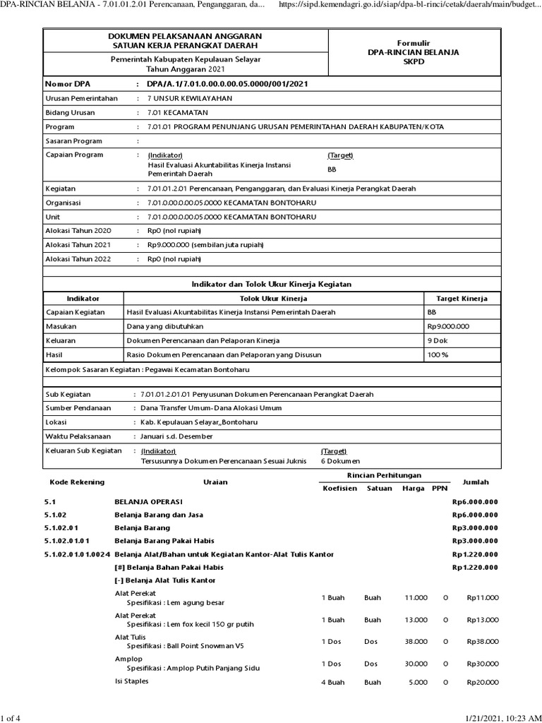Dokumen Pelaksanaan Anggaran Satuan Kerja Perangkat Daerah Formulir Dpa-Rincian Belanja SKPD ...