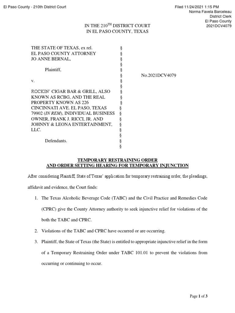 Signed Temporary Restraining Order Rcbg Pdf Injunction