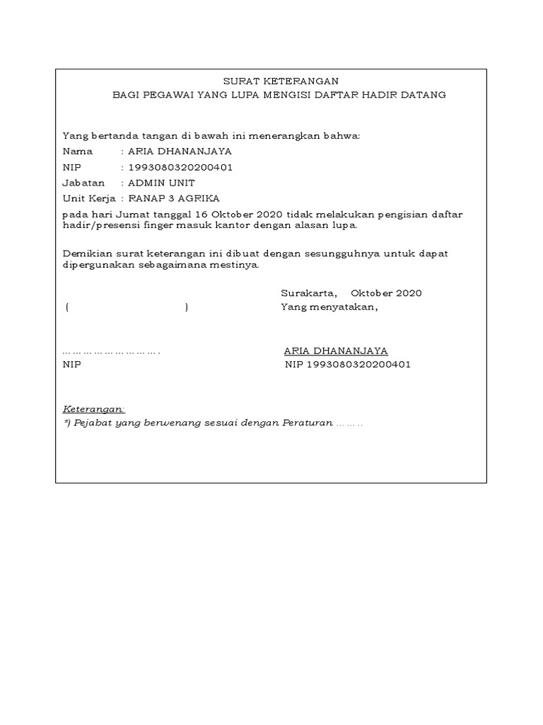 Fo5-Surat Keterangan Dan Permohonan Izin Lupa Mengisi Daftar Hadir ...