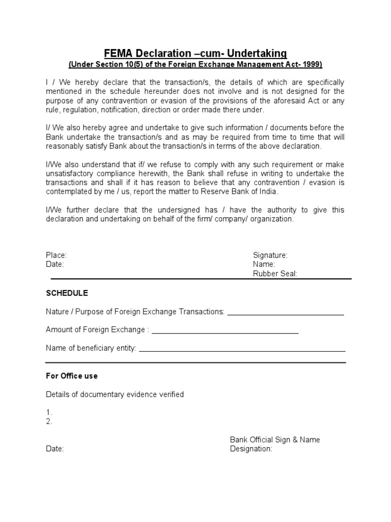 FEMA Declaration - Cum-Undertaking: (Under Section 10 (5) of The ...