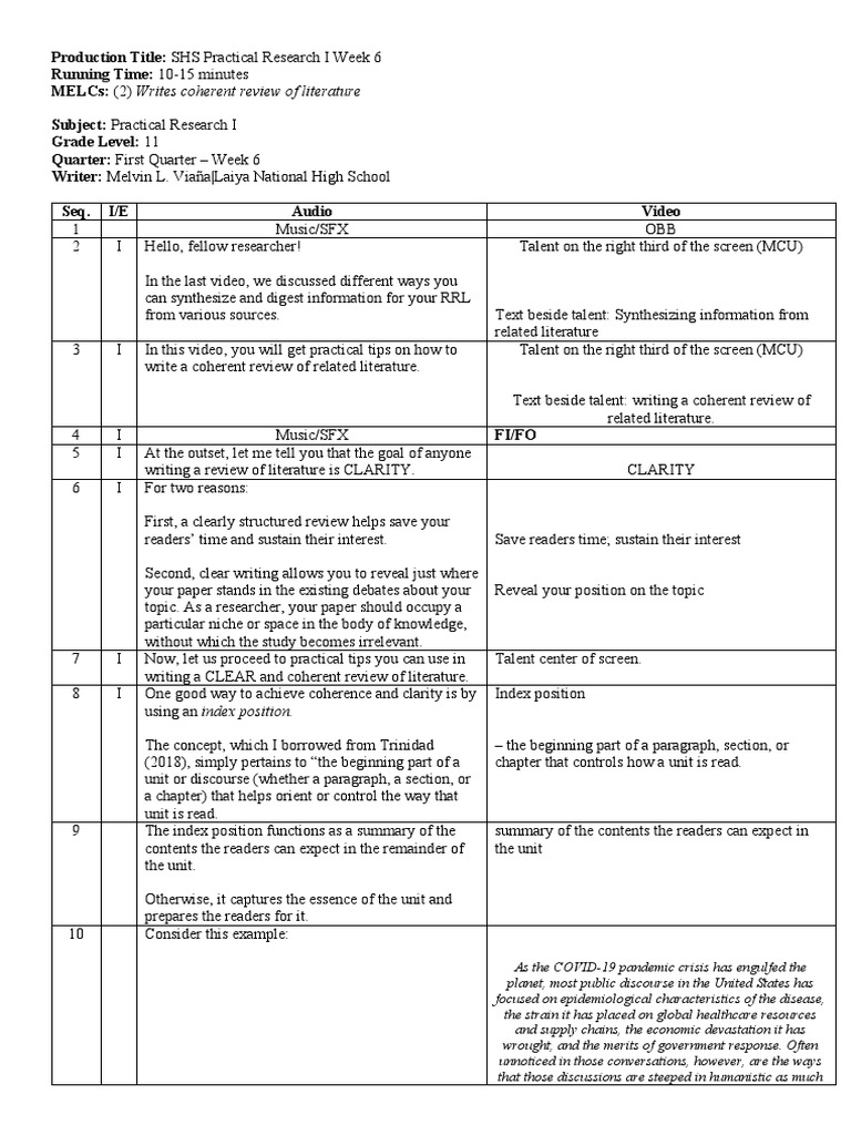 Production Script 002 - Writing A Coherent RRL | PDF | Émile Durkheim ...