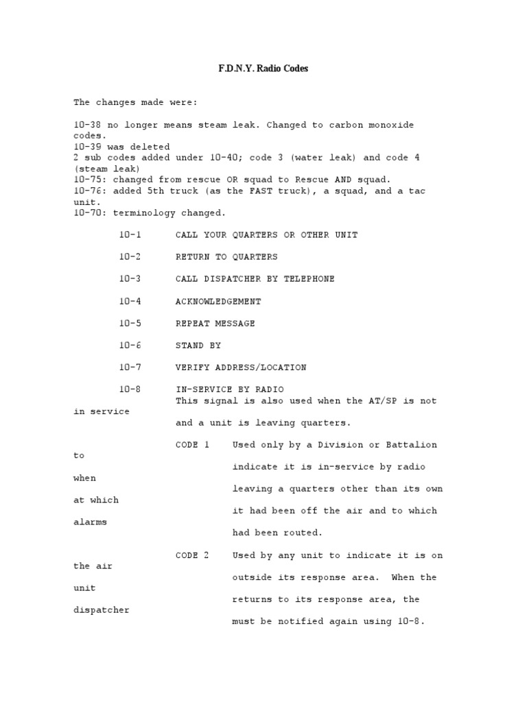 Fdny Radio Codes | PDF | New York City Fire Department