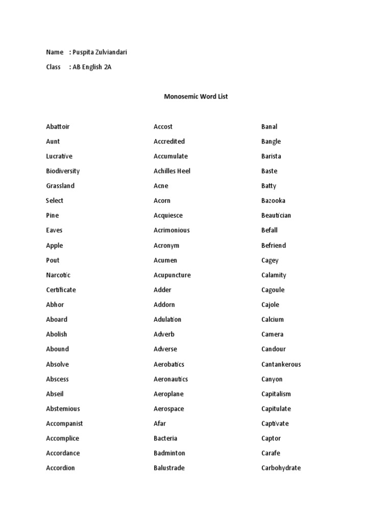 Monosemic Word List | PDF
