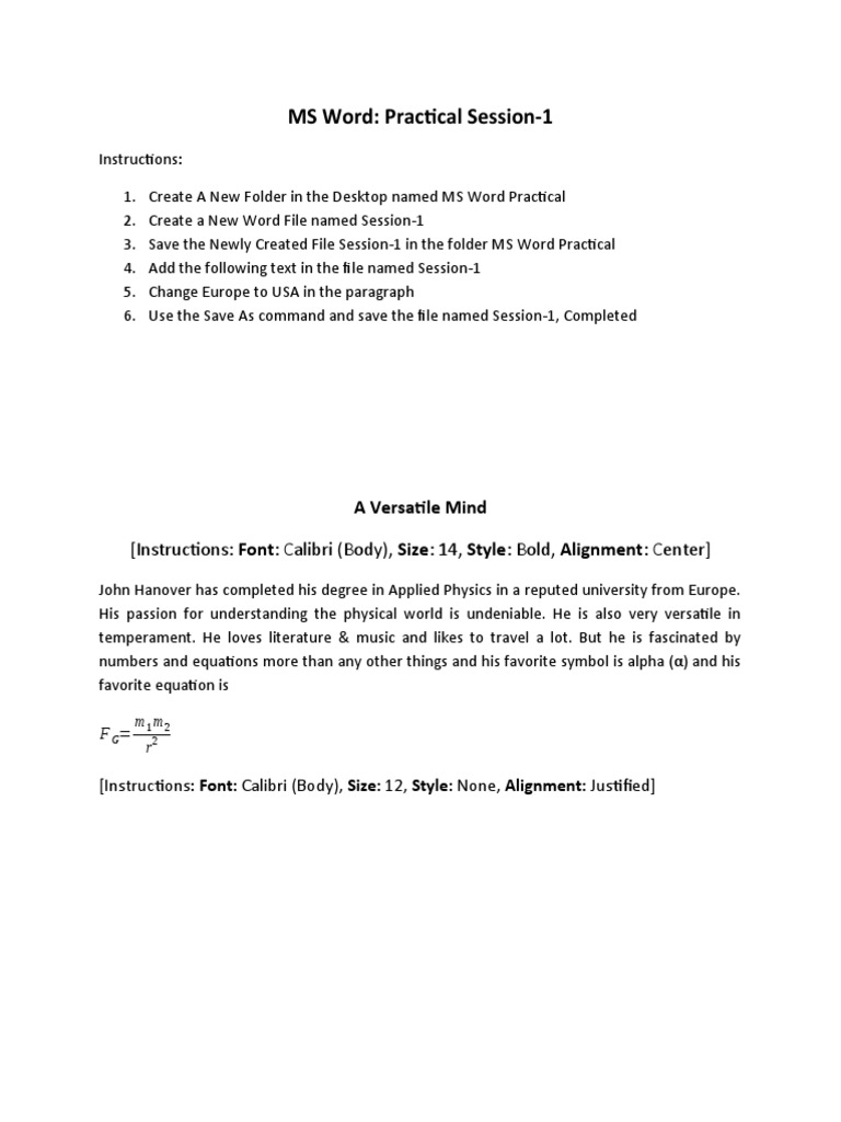 MS Word: Practical Session-1: (Instructions: Font: Calibri (Body), Size ...