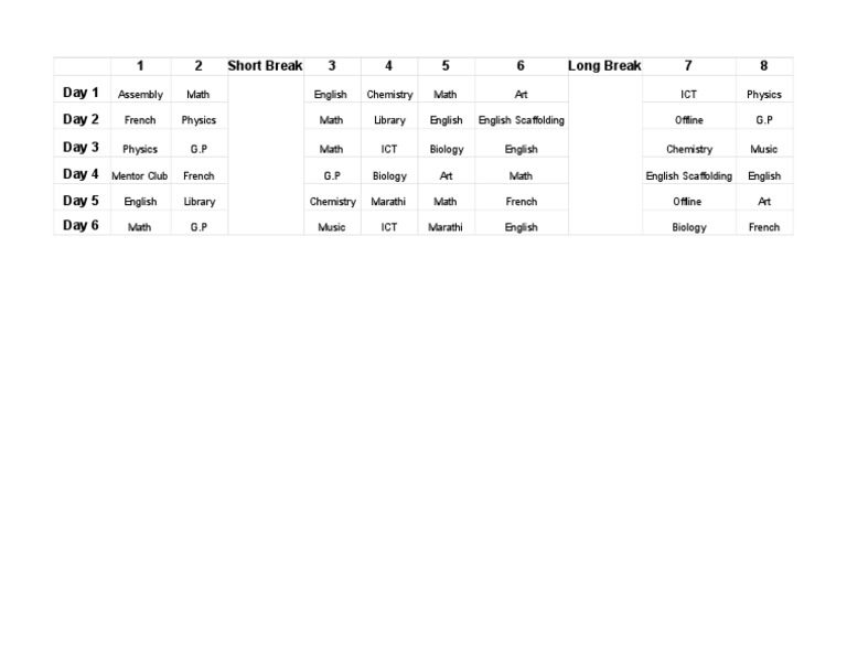 Time Table - Sheet1 | PDF