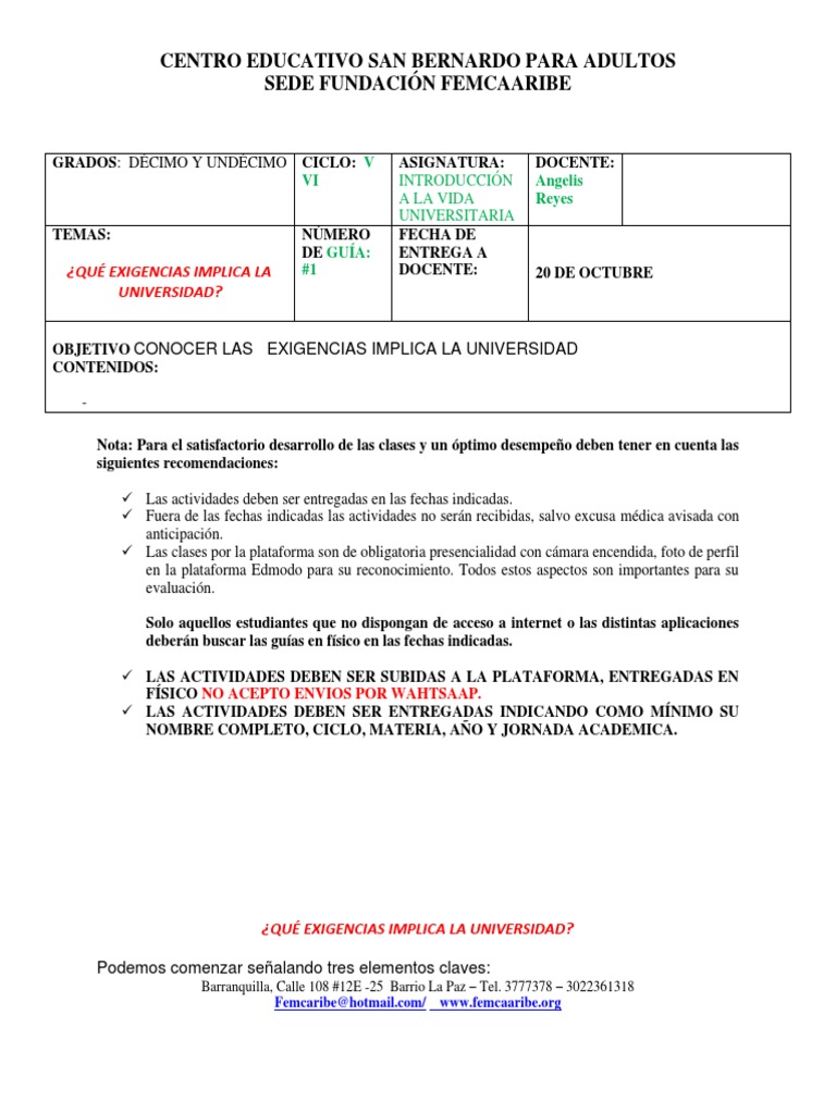 Guia # 2 Intoduccion A La Vida Universitaria | PDF | Cognición ...