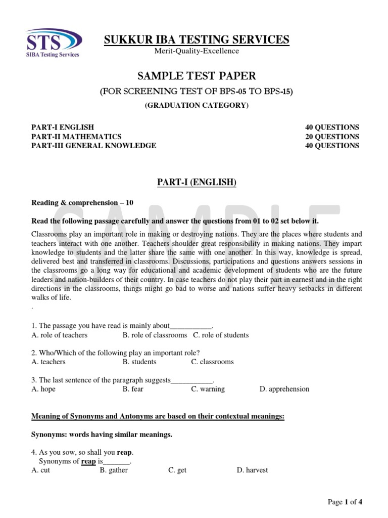 Sukkur Iba Testing Services Sample Test Paper: (For Screening Test of ...