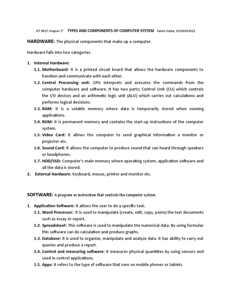 1st Chapter Notes ICT 0417 | PDF | Computer Hardware | Software
