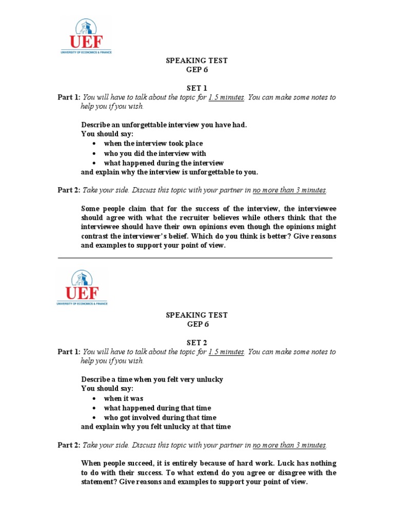 GEP 6 Speaking Test - Test Sets Updated | PDF | Interview | Human Nature