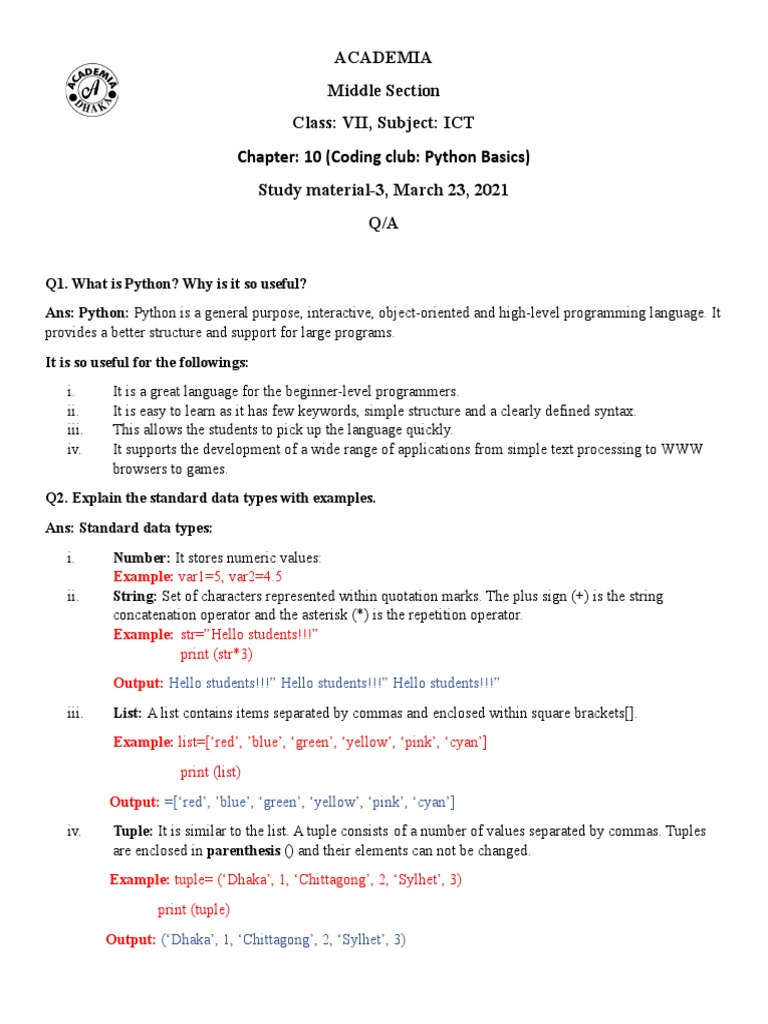 Academia Middle Section Class: VII, Subject: ICT Chapter: 10 (Coding ...