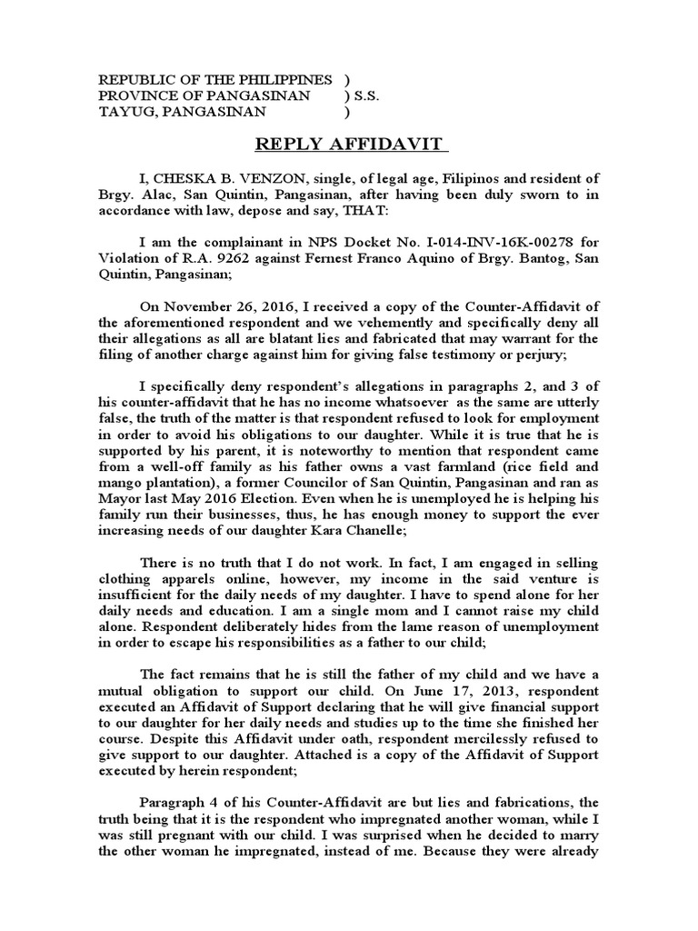 Reply Affidavit for R.A. 9262 Case | PDF | Affidavit | Common Law