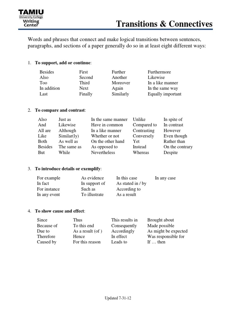 Transition Words and Connectives Guide | PDF | Logic