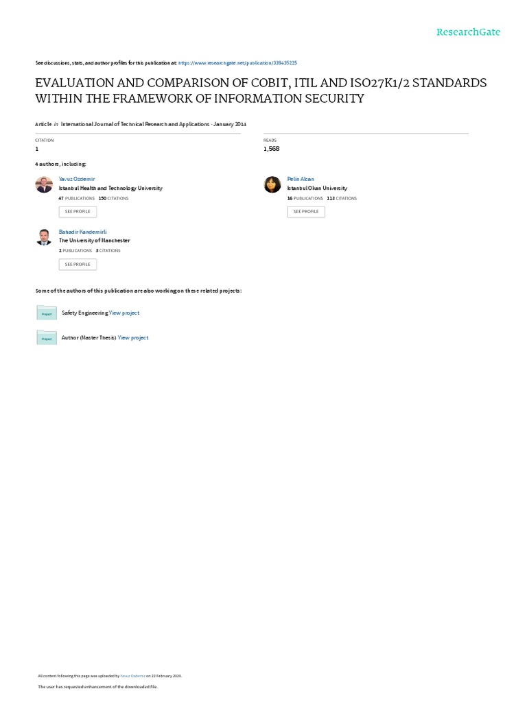 Paper1 Evaluation And Comparison Of Cobit Itil And Iso 27k1 2 Standards Within The