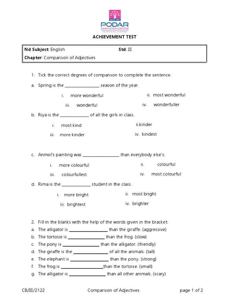 Achievement Test ND Subject: English STD: III Chapter: Comparison of ...