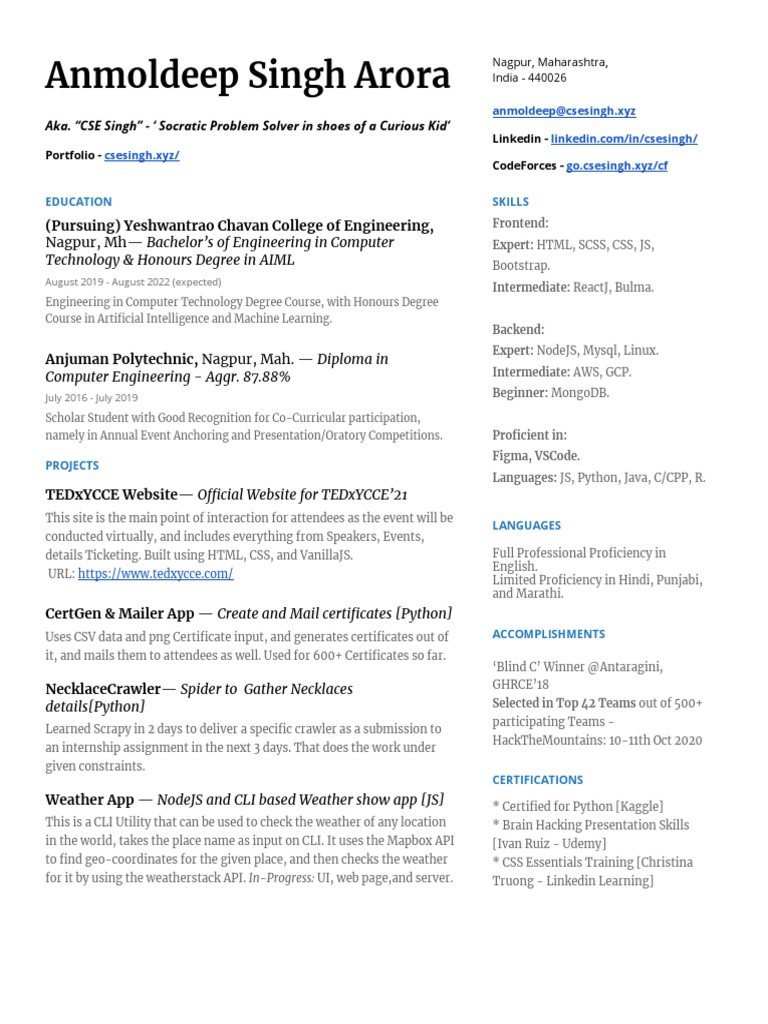 Anmoldeep Singh Arora: Nagpur, MH - Bachelor's of Engineering in Computer | PDF | Computing ...