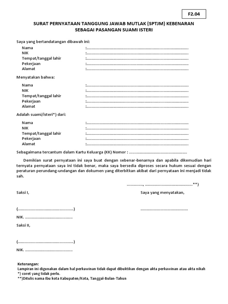 F 204sptjm Kebenaran Sebagai Pasangan Suami Isteri f204 | PDF