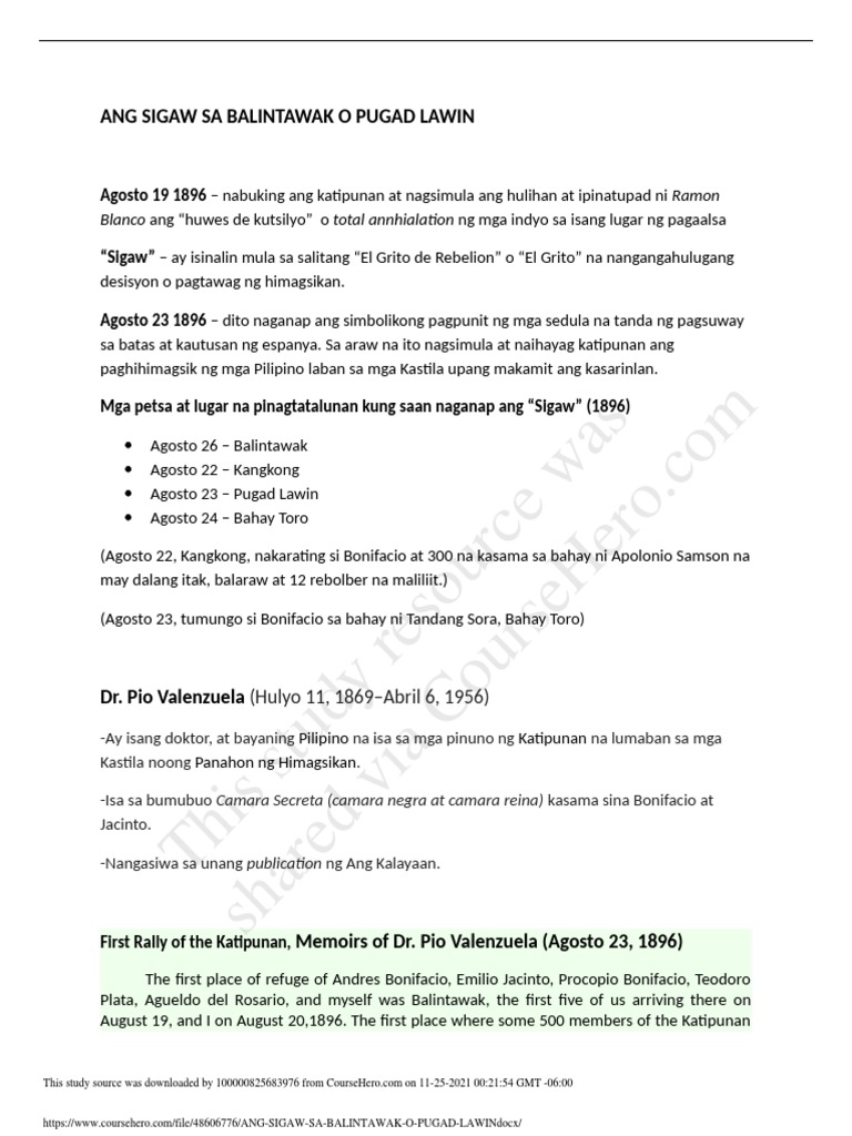 Ang Sigaw Sa Balintawak o Pugad Lawin | PDF