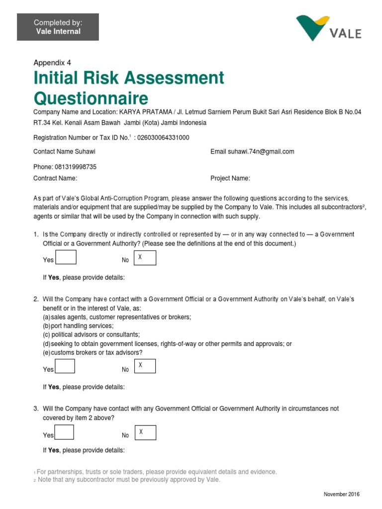 Initial Risk Assessment Questionnaire KARYA PRATAMA | PDF | State Owned ...