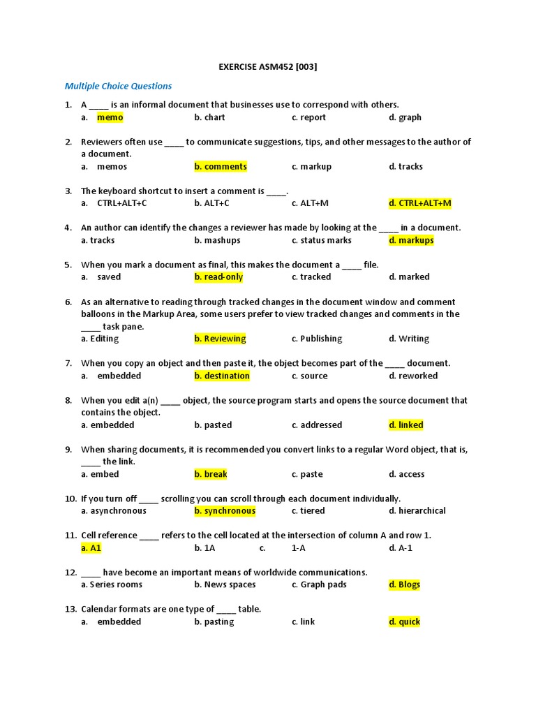 Multiple Choice Questions: EXERCISE ASM452 | PDF | Microsoft Excel | Blog