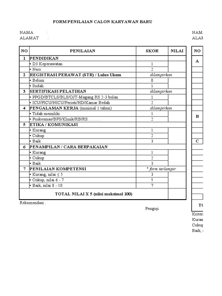 Form Penilaian Calon Karyawan Baru | PDF