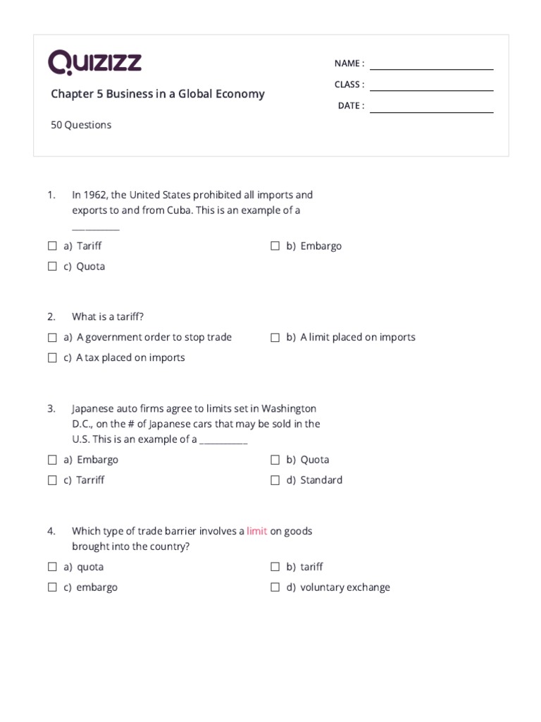 Global Economy Quiz: 50 Questions | PDF | Franchising | Exchange Rate