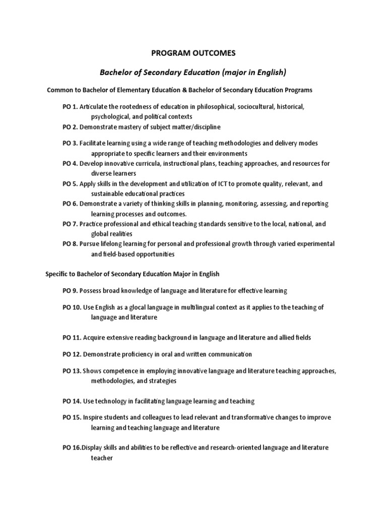 Bachelor of Secondary Education (Major in English) : Program Outcomes | PDF