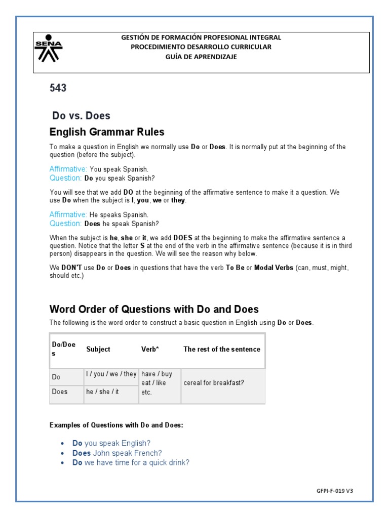Guia 07 Auxiliary Do - Does Vs WH QUESTION | PDF | Question | English ...