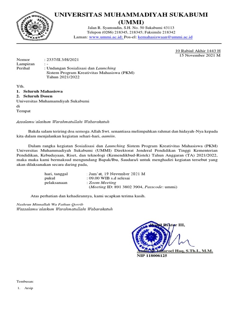 Surat Undangan Sosialisasi Dan Launching SIM PKM | PDF