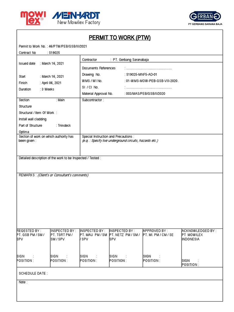 Permit To Work (PTW) : New Mowilex Factory | PDF