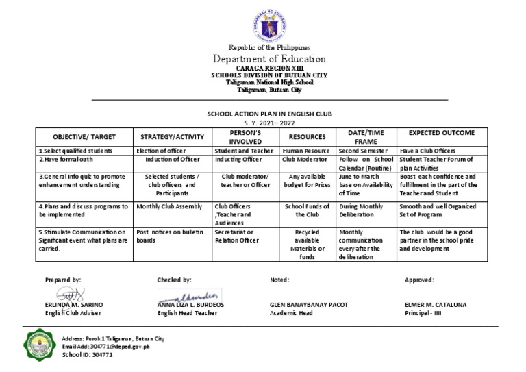 Department of Education: School Action Plan in English Club Person'S ...