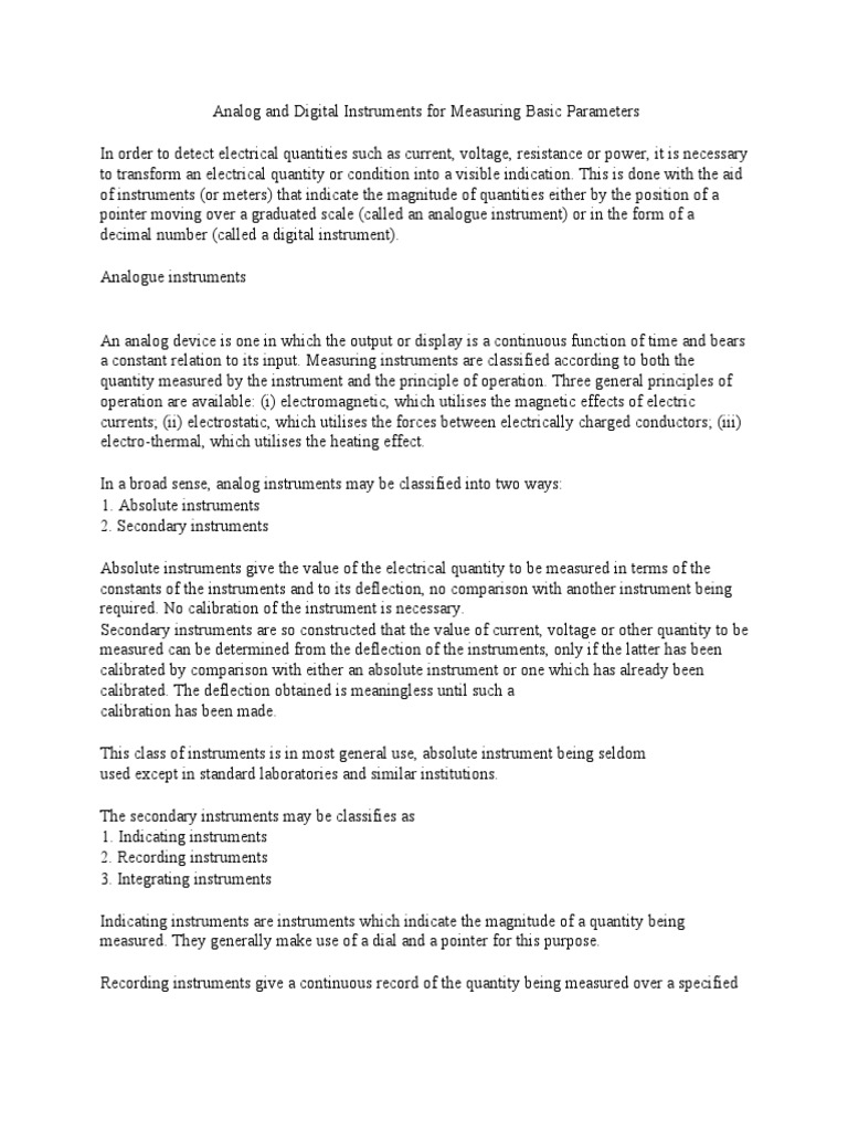 Analog and Digital Instruments For Measuring Basic Parameters | PDF ...
