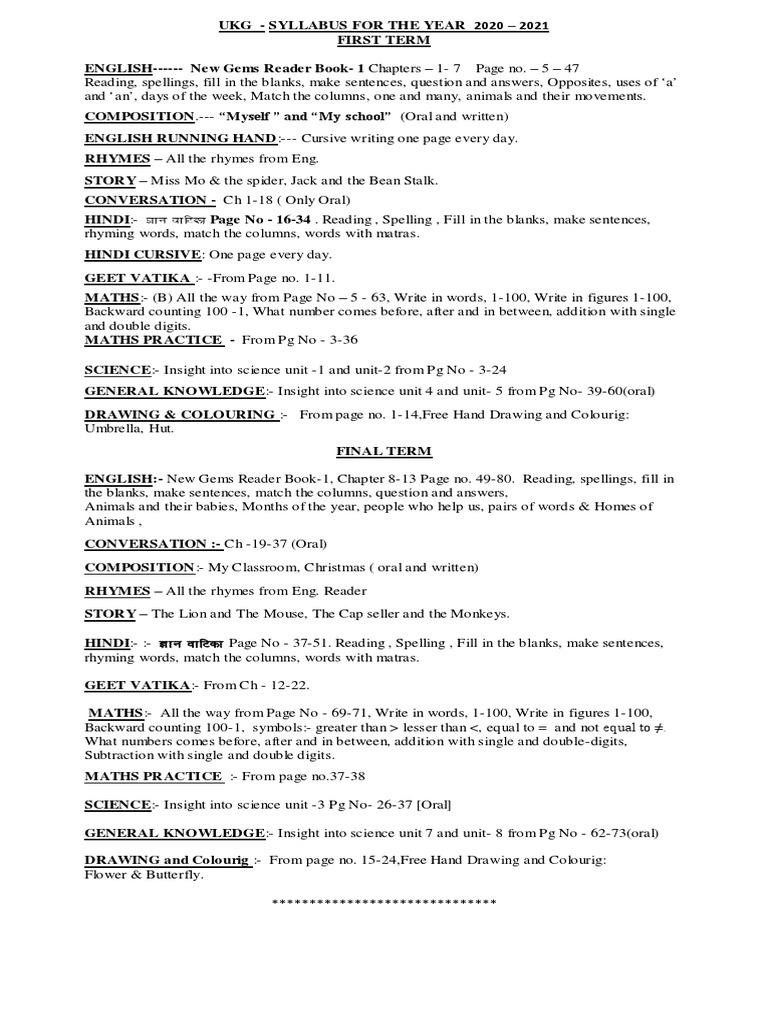 Syllabus UKG 20-21 | Download Free PDF | Writing | Linguistics