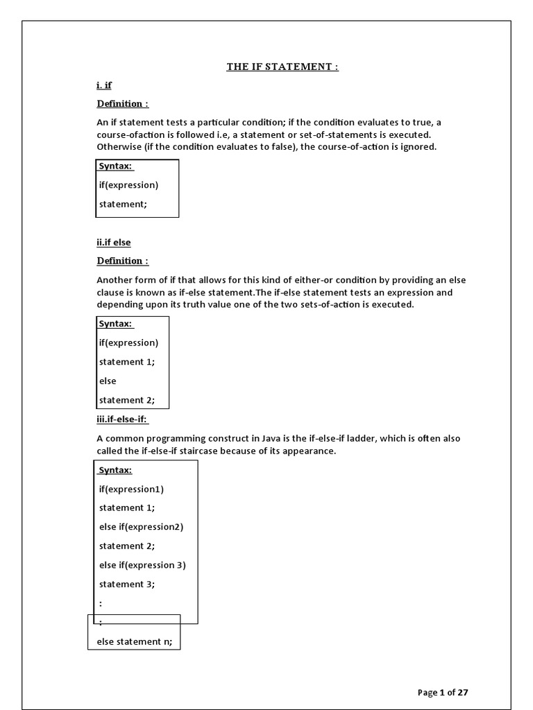 The If Statement: I. If Definition | PDF | Programming | Constructor ...