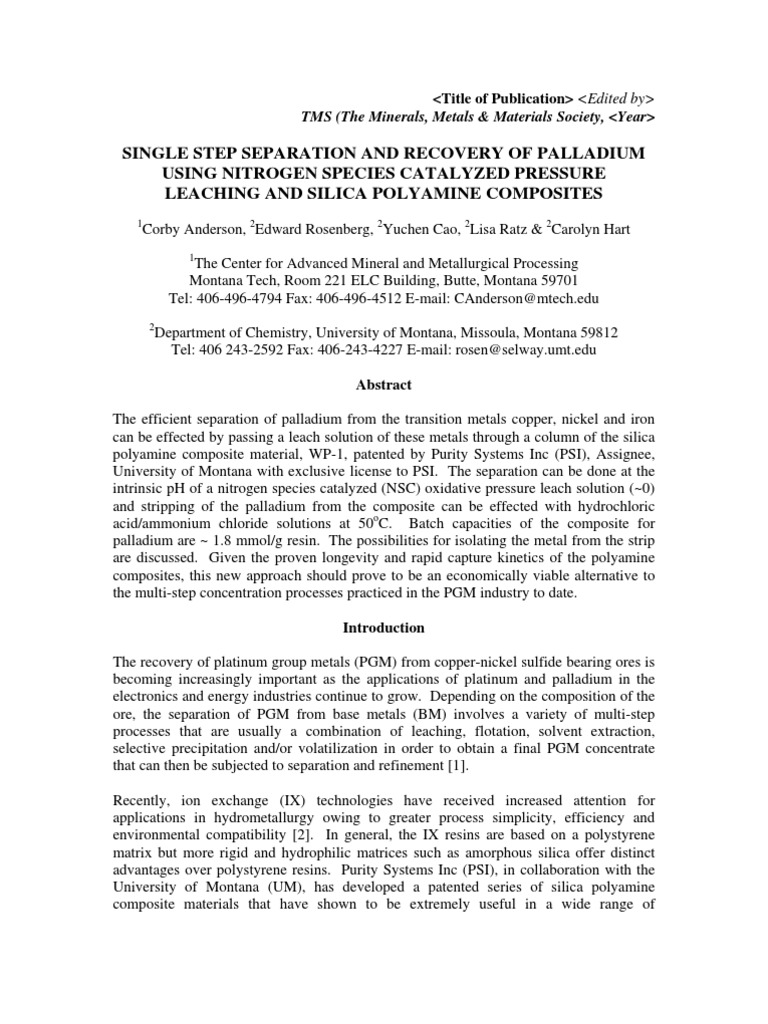 Single Step Separation and Recovery of Palladium Using Nitrogen Species ...