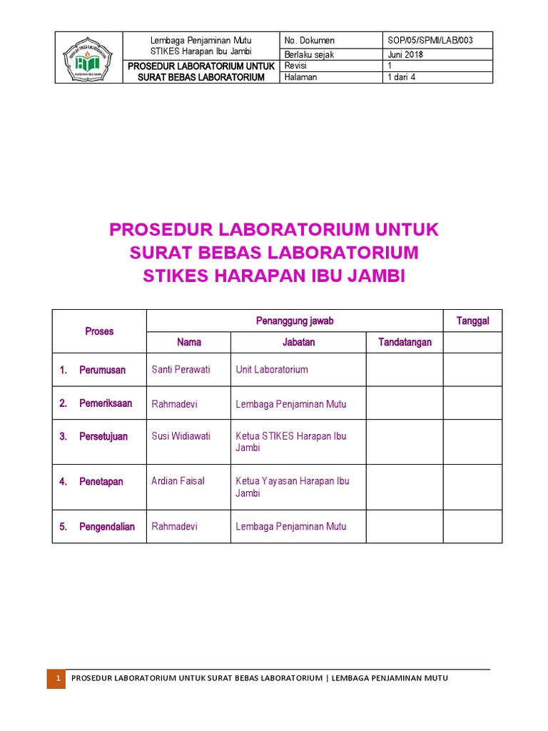 LAB003 SOP Laboratorium Untuk Surat Bebas Laboratorium | PDF